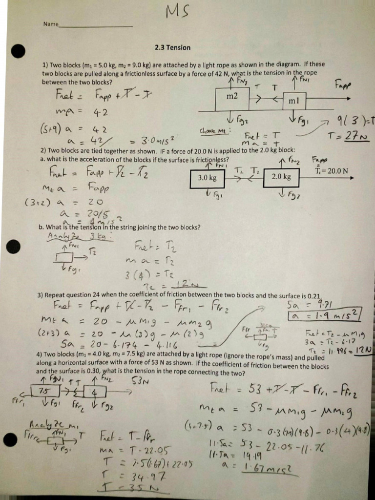 2.3 Tension Worksheet Solutions | Download Free PDF | Tension (Physics ...