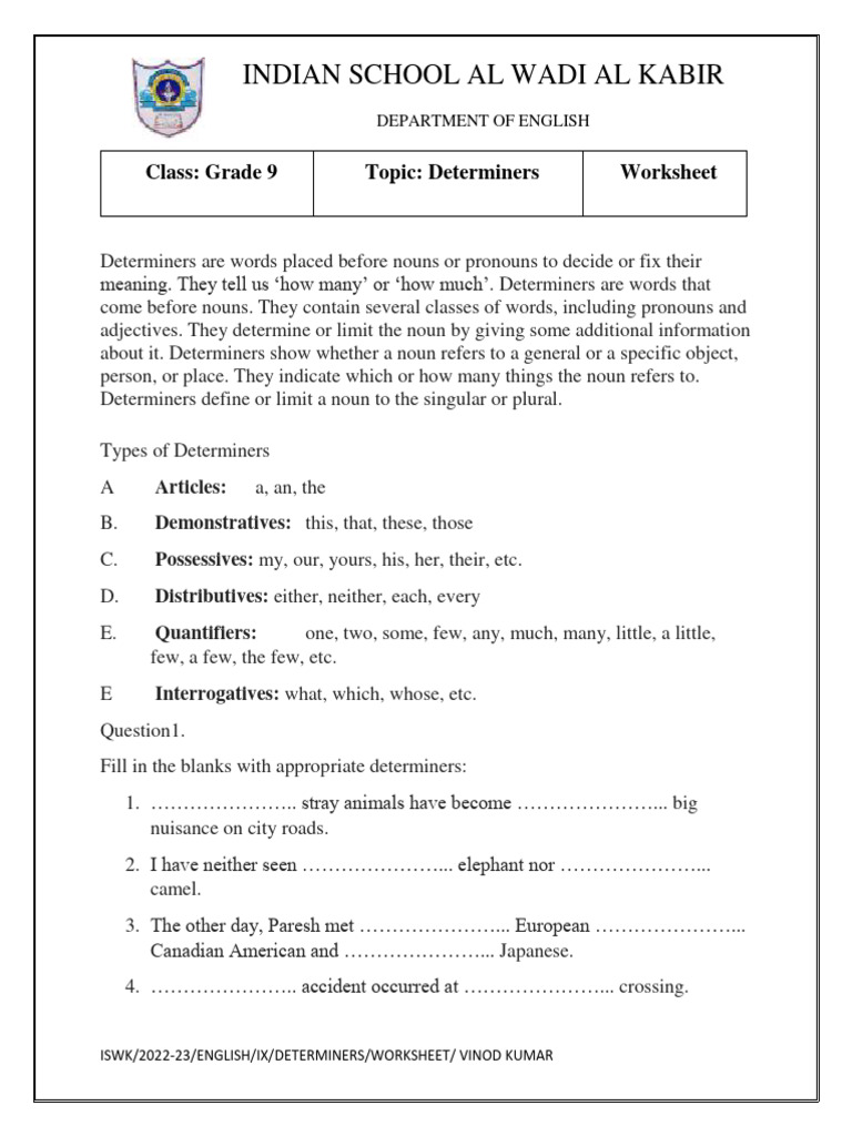 Grade 9 Determiners Worksheet | PDF | Noun | Semantic Units