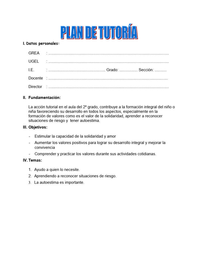 Plan Tutorial para el 2º Grado: Valores y Riesgos | PDF | Autoestima
