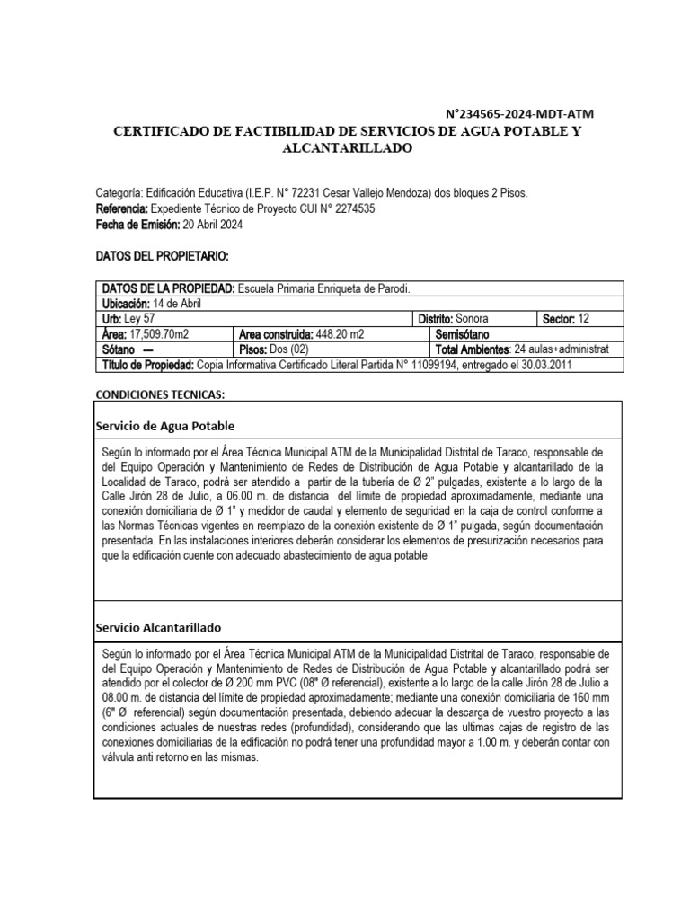 Certificado de Factibilidad de Servicios de Agua Potable y Alcantarillado | PDF | Alcantarillado ...