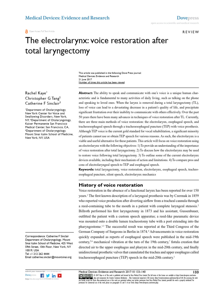The Electrolarynx: Voice Restoration After Total Laryngectomy | PDF ...