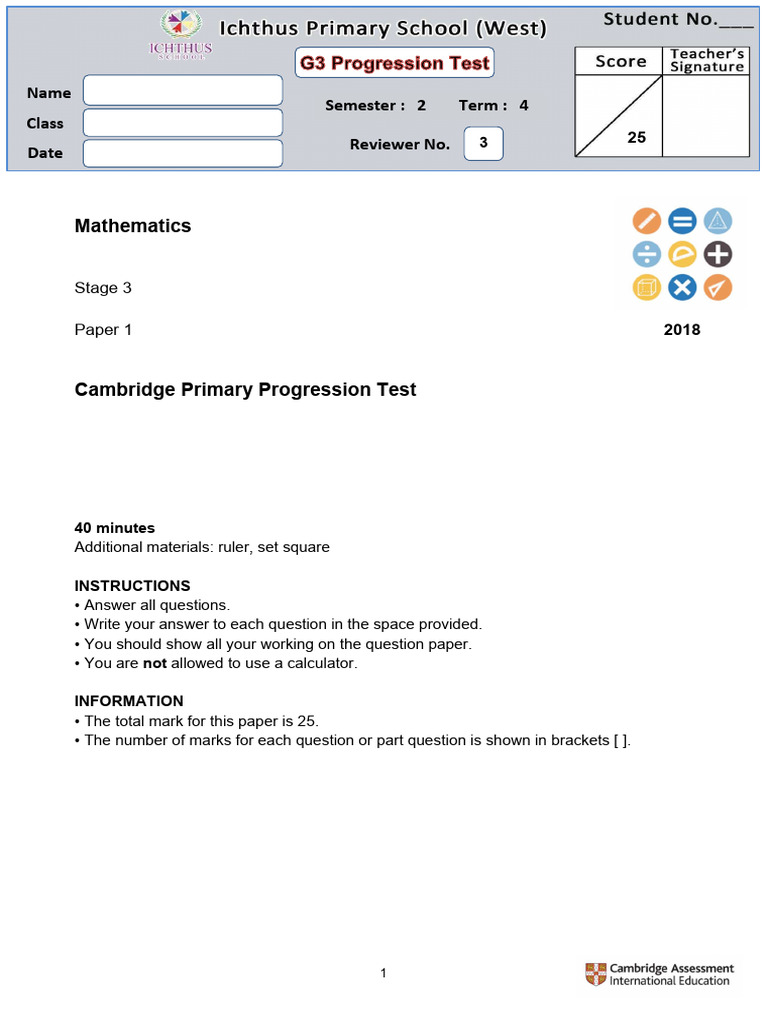 Paper 1 Maths Cambridge Progression Test (2018) | PDF | Area | Mathematics