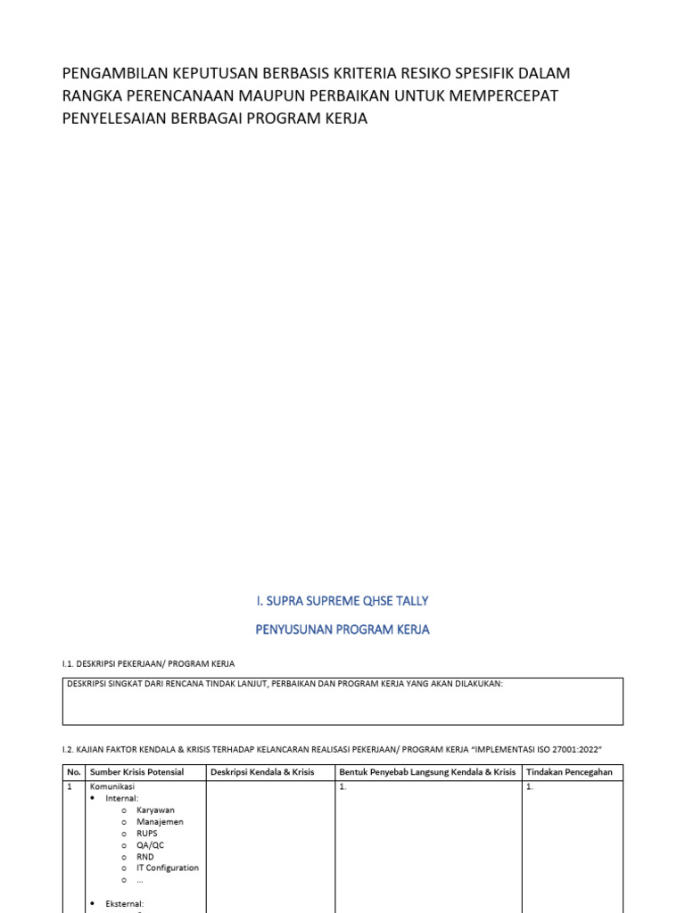 Supra Supreme Qhse Tally Penyusunan Program Kerja | PDF