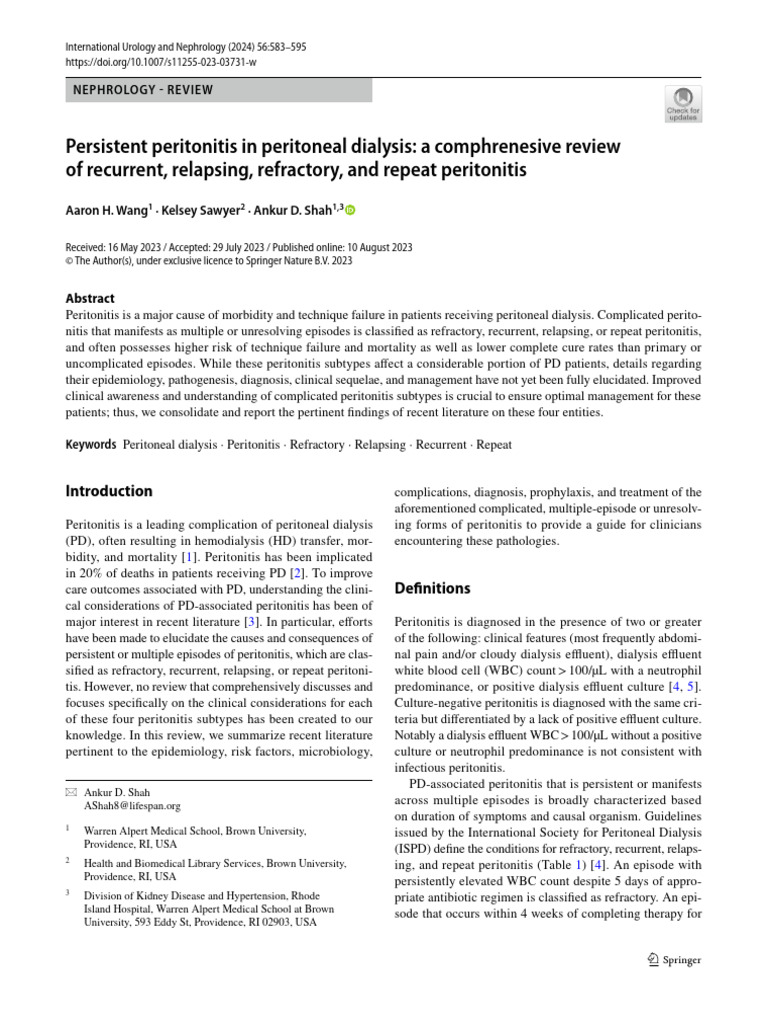 Persistent Peritonitis in Peritoneal Dialysis - A Comphrenesive Review of Recurrent, Relapsing ...