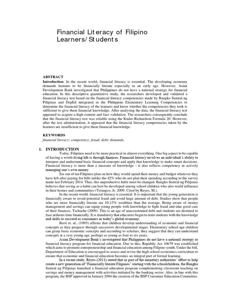 Financial Literacy of Filipino Learners/Students | PDF | Financial ...