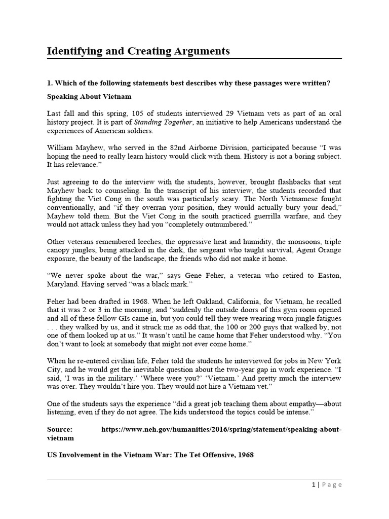 GED Identifying and Creating Arguments | PDF | Viet Cong | Tet Offensive
