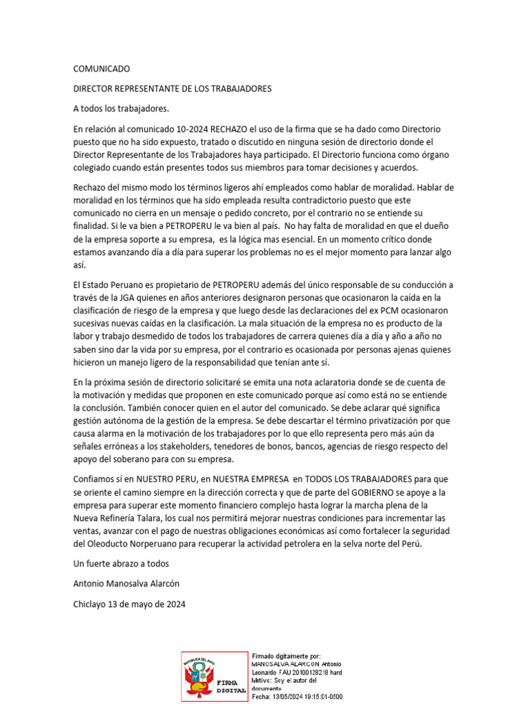 Rechazo Comunicado 010 (R) | PDF | Business | Perú