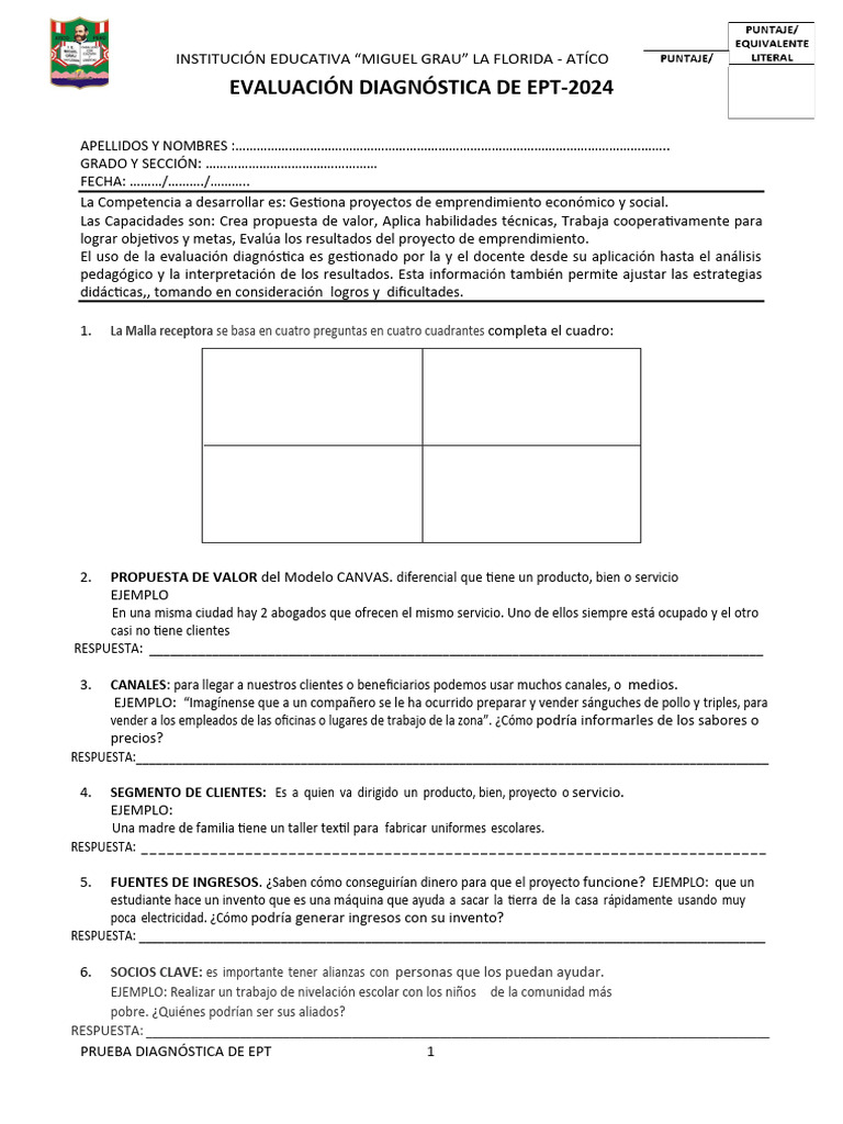 Evaluación Diagnóstica 2024 - 4° Grado Educación para El Trabajo ...