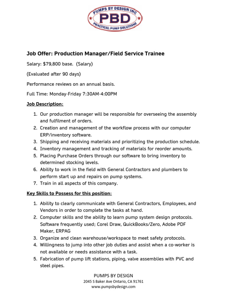 Production Manager-Fied Service Trainee | PDF | Employment | Inventory