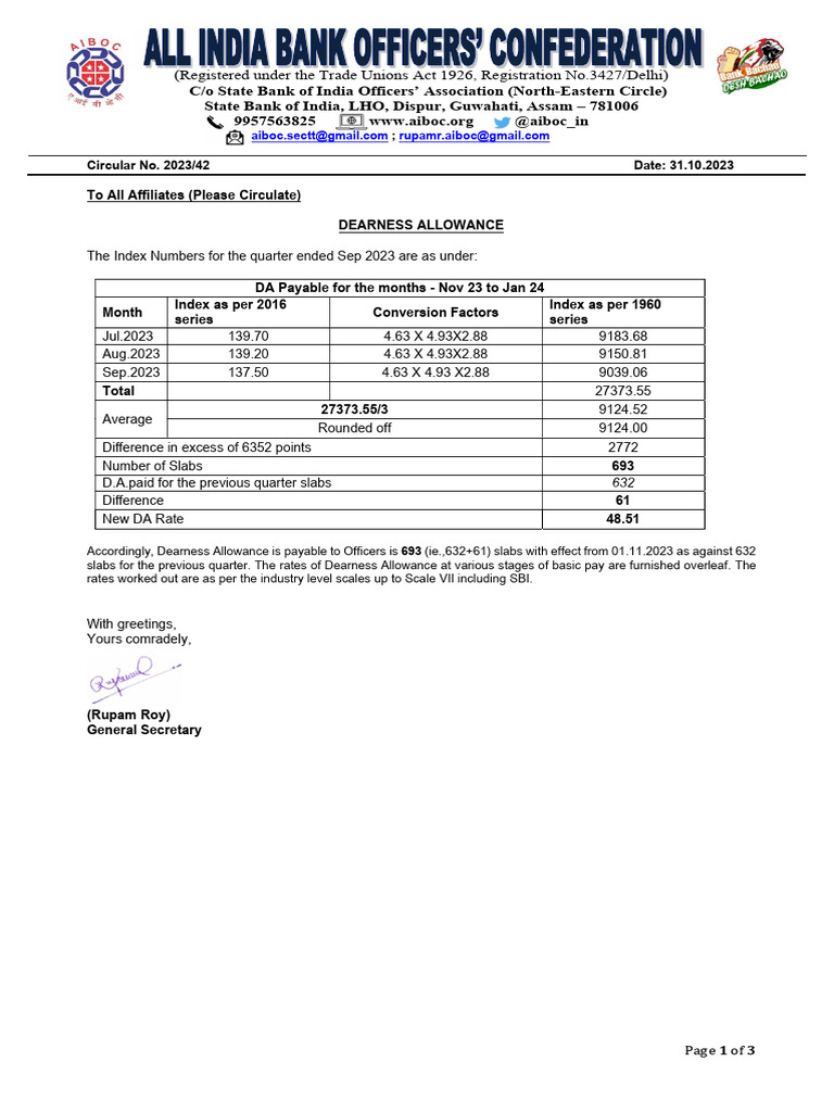 42 - 2023 - Aiboc - Revision in Dearness Allowance | PDF | Expense | Employee Relations