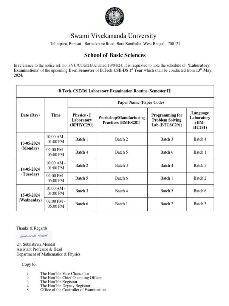 Laboratory Routine - B.Tech CSE-DS 1st Year | PDF