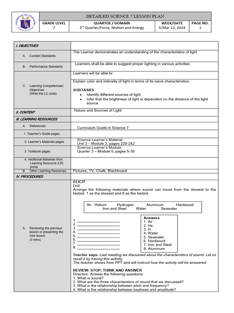 Grade 7 Science Lesson Plan: Light Sources | PDF | Light ...