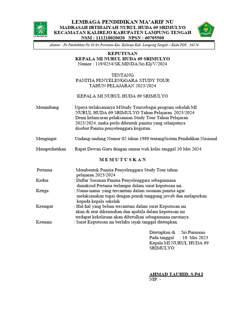 SK Panitia Study Wisata | PDF