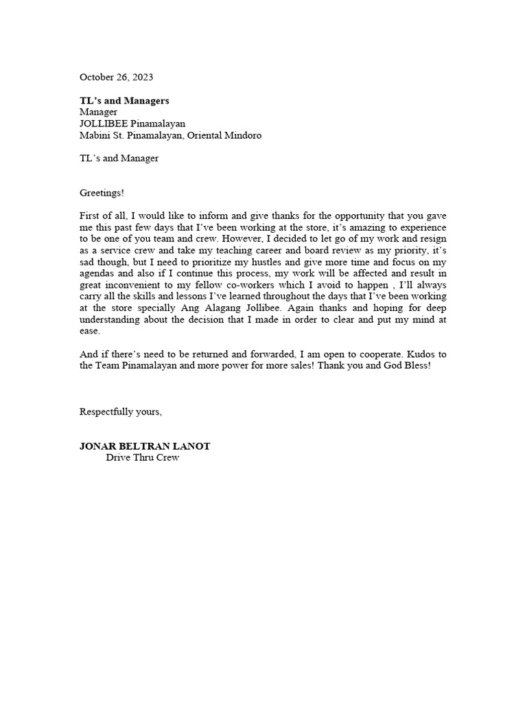 Jollibee Service Crew Resignation Letter | PDF