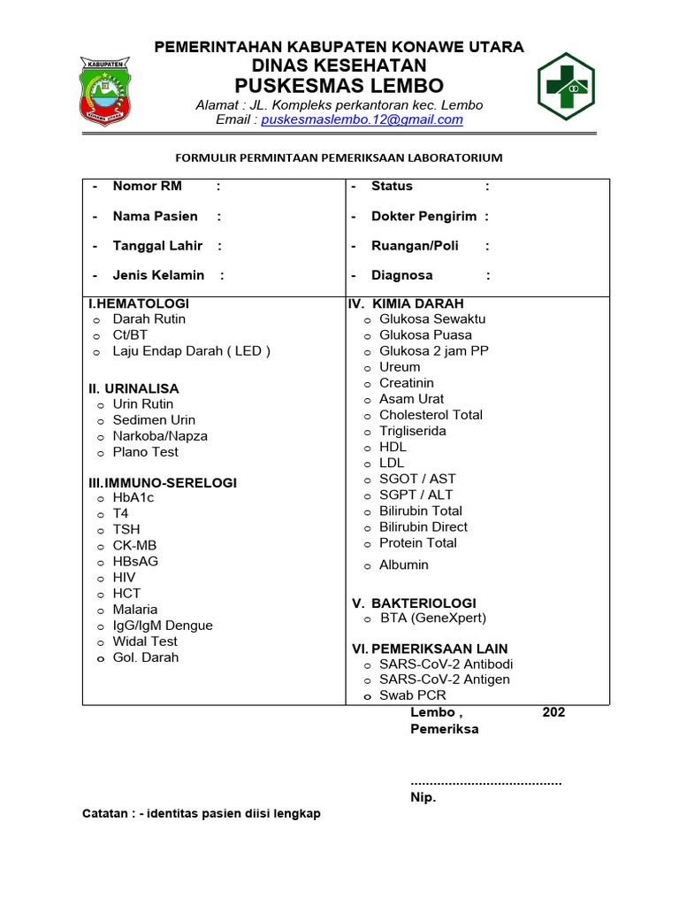 FORMULIR PERMINTAAN PEMERIKSAAN LABORATORIUM | PDF