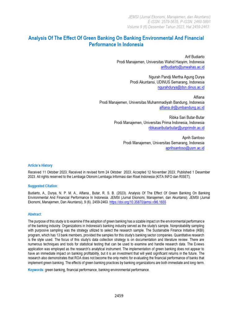 Analysis of The Effect of Green Banking On Banking Environmental and Financial Performance in ...