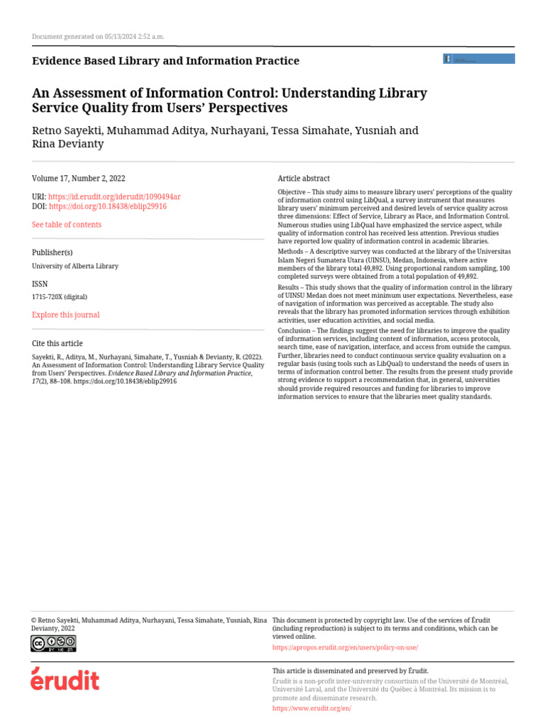An Assessment of Information Control: Understanding Library Service Quality From Users ...