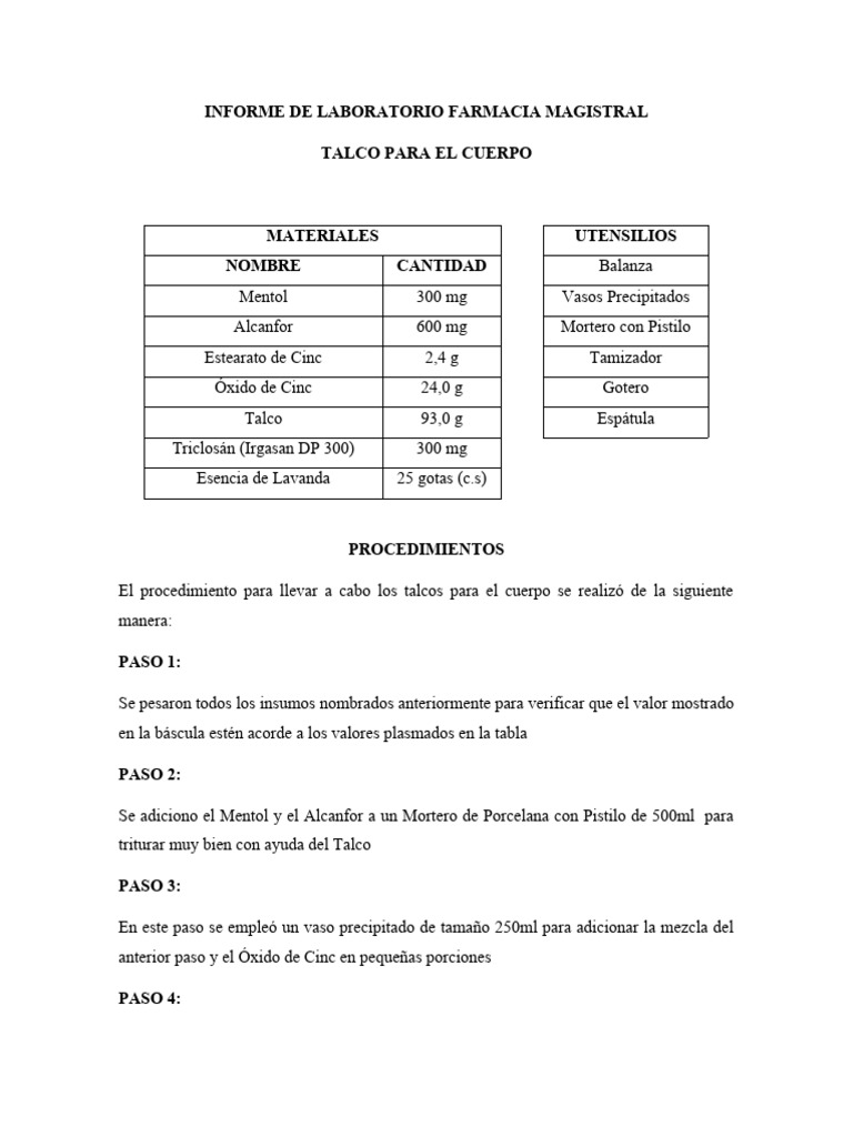 Procedimientos Del Laboratorio Final | PDF | Sustancias químicas | Materiales