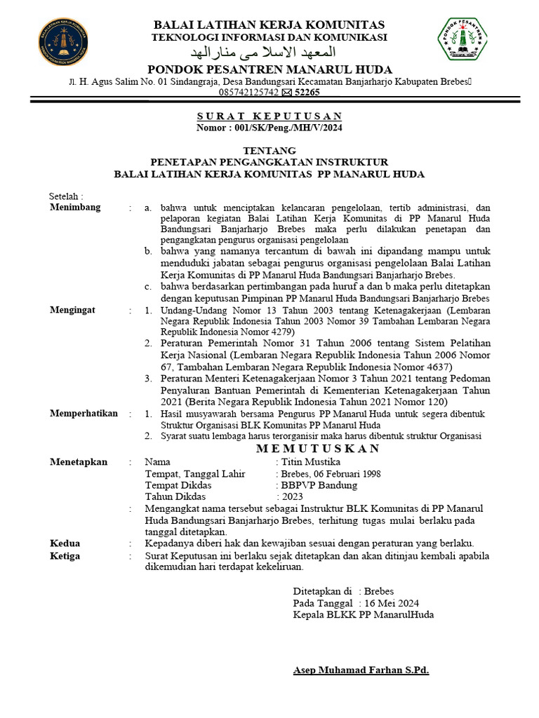 SK Kepala BLKK Terkait Data Instruktur | PDF