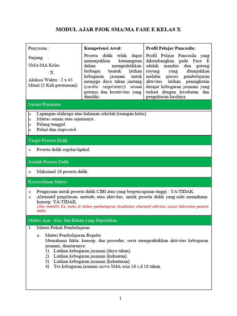 Modul Ajar Aktivitas Kebugaran Jasmani | PDF