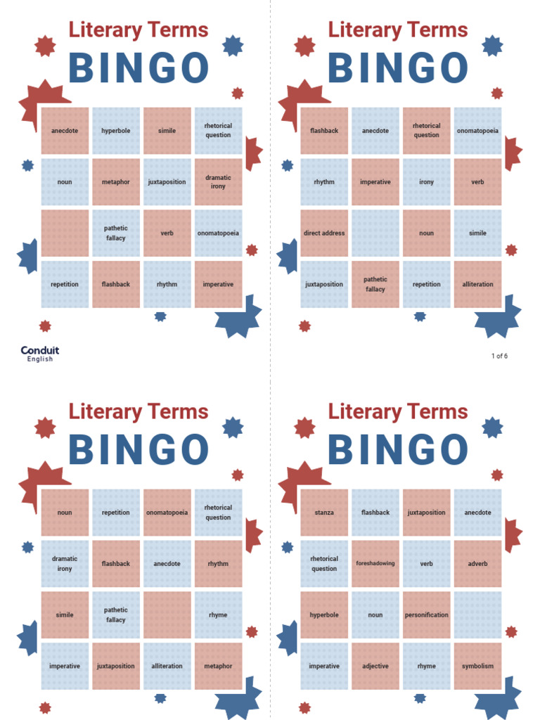 Literary Terms Bingo 25-36 | PDF | Verb | Irony