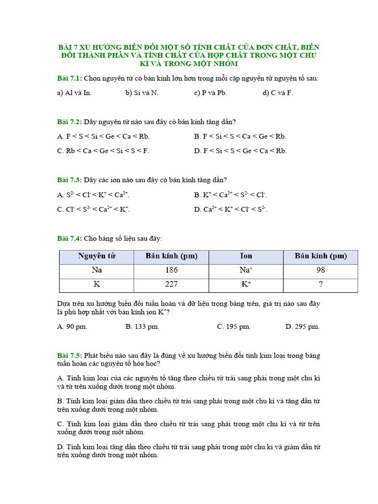 BÀI 7 XU HƯỚNG BIẾN ĐỔI MỘT SỐ TÍNH CHẤT CỦA ĐƠN CHẤT, BIẾN ĐỔI THÀNH PHẦN VÀ TÍNH CHẤT CỦA HỢP ...
