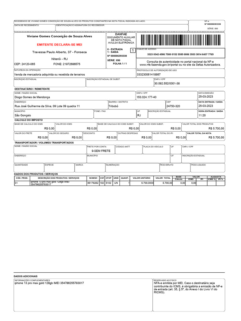 Nota Fiscal Celular | PDF | Recibo