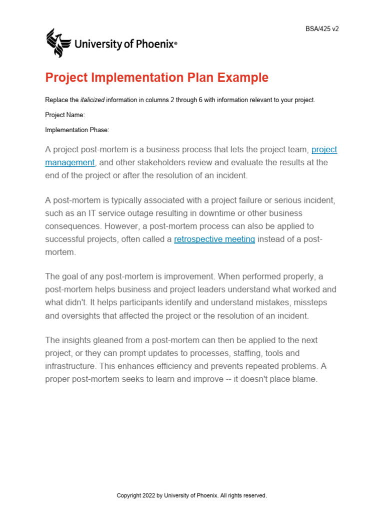 Bsa425 v2 wk5 Project Implementation Plan Example | PDF | System ...