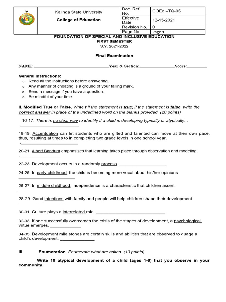 Special and Inclusive Education Exam Guide | PDF | Behavior ...
