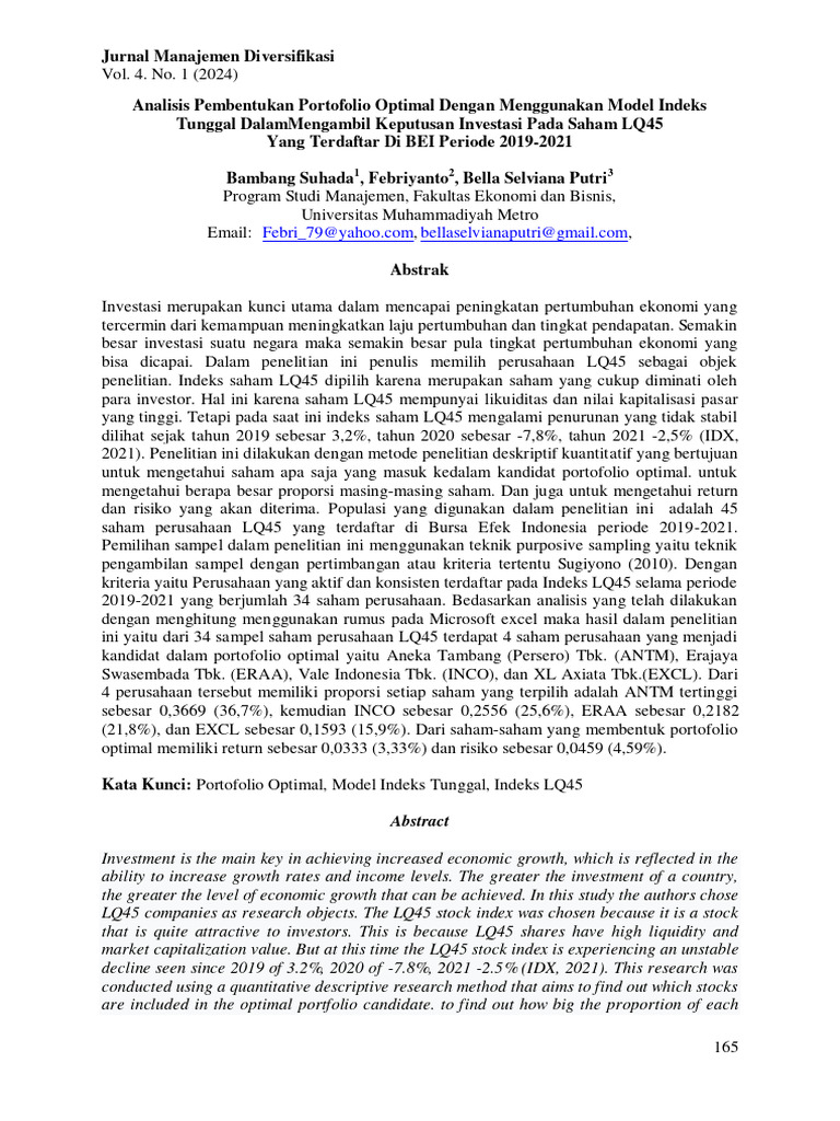 Analisis Pembentukan Portofolio Optimal Dengan Menggunakan Model Indeks ...