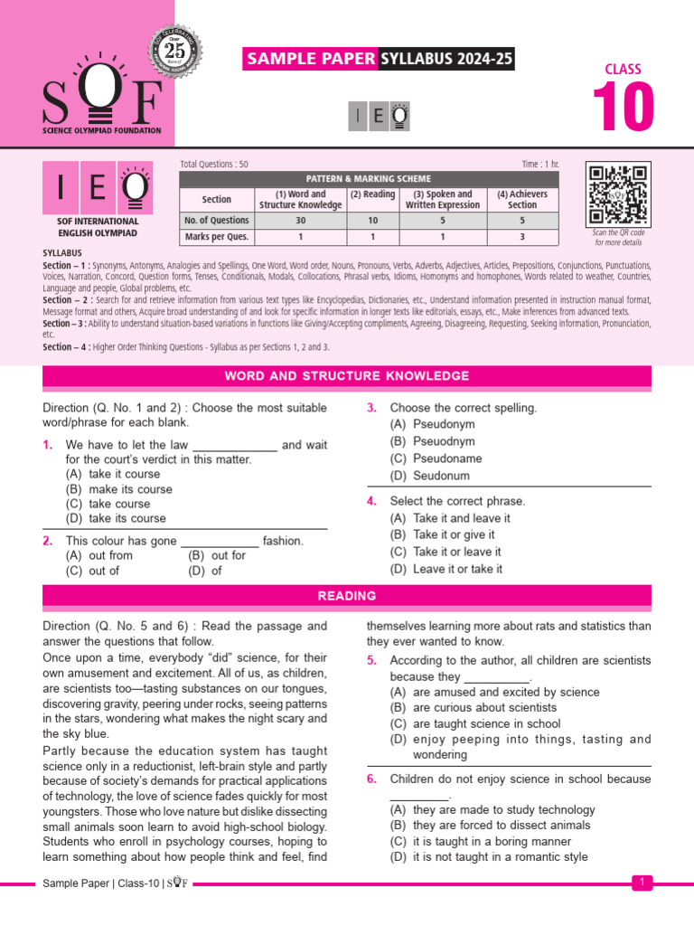 Ieo Sample Paper Class-10 | PDF | Verb | Word