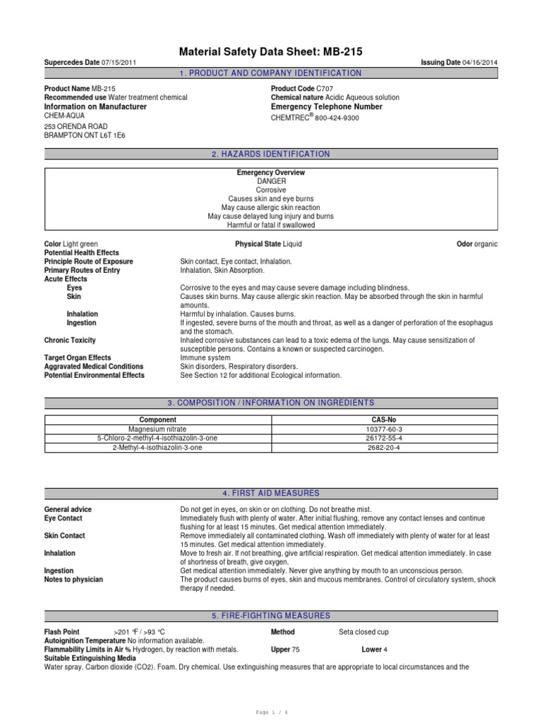 Chem Aqua MB 215 | PDF | Personal Protective Equipment | Dangerous Goods