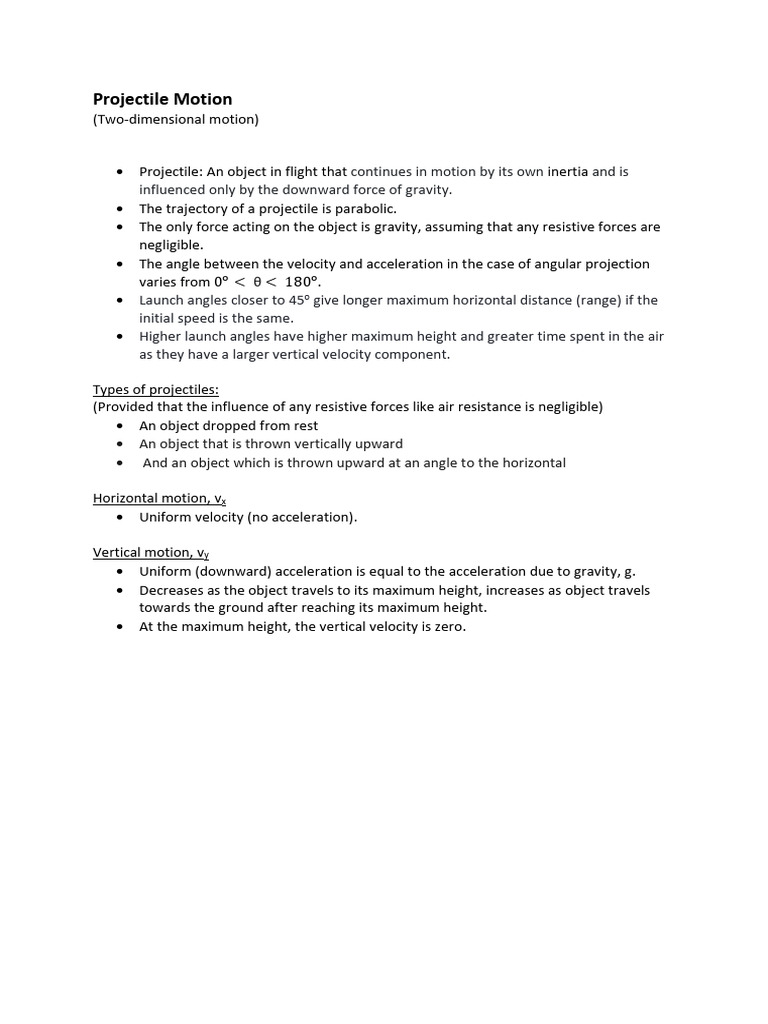 PROJECTILE MOTION SUMMARY | PDF