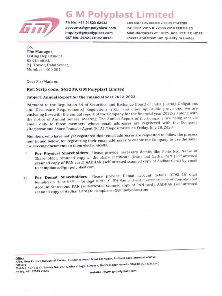 GM Polyplast Annual Report 2022-23 | PDF | Login | Electronic Voting