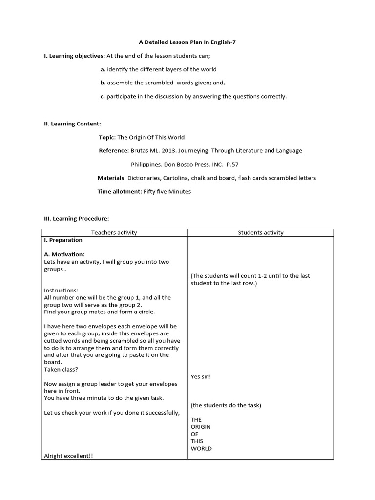 A Detailed Lesson Plan in English Robert LP2 | PDF | Lesson Plan