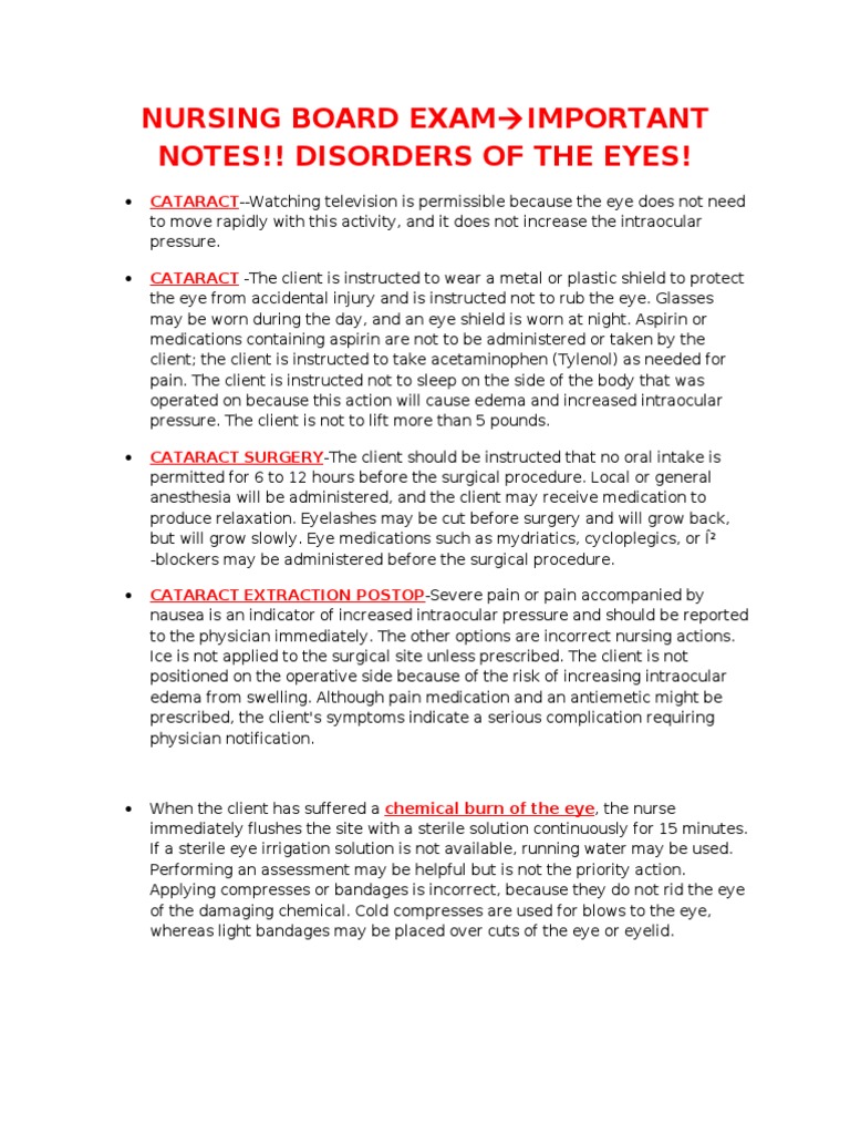 Nursing Board Exam-Disorders of The Eyes! Important Notes!! | PDF ...