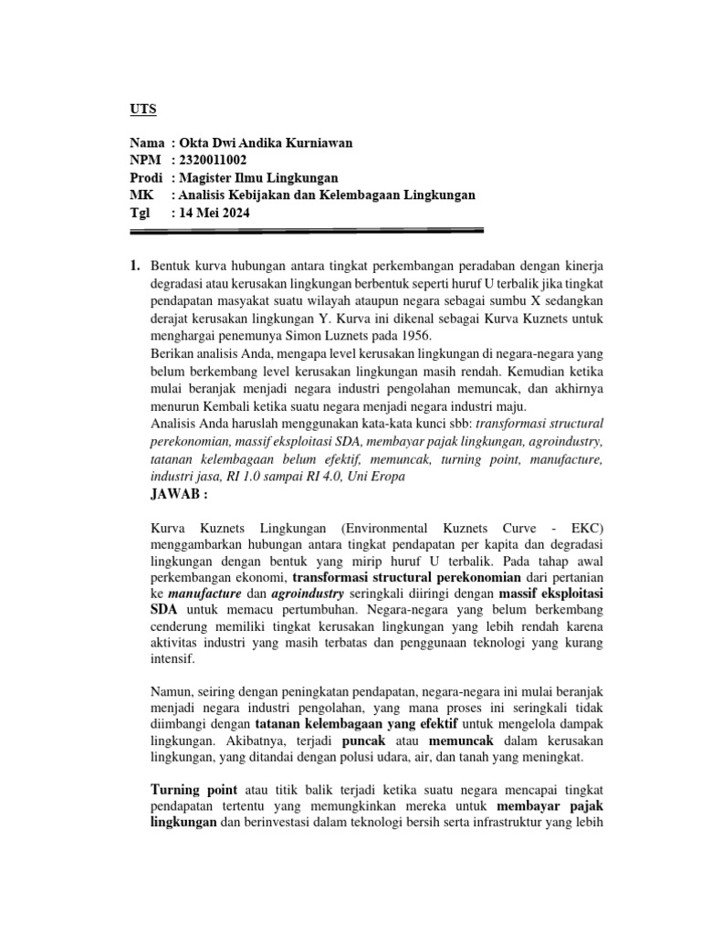 Okta Dwi Andika Kurniawan - 2320011002 - UTS Analisis Kelembagaan Dan Kebijakan Lingkungan | PDF
