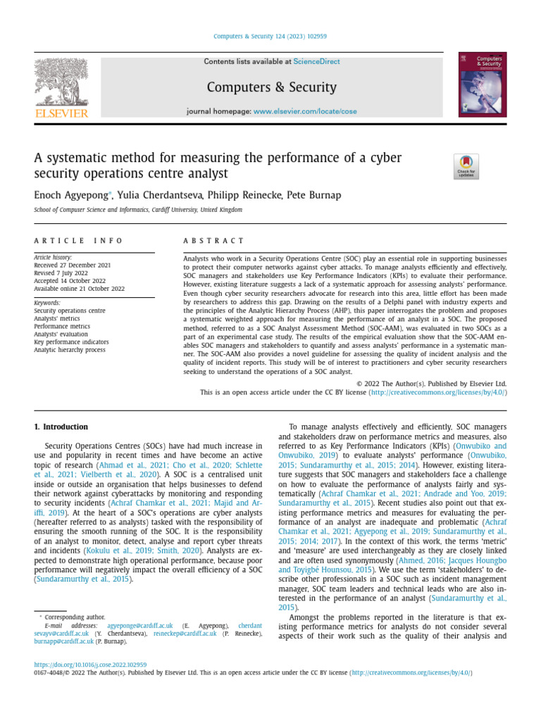 A Systematic Method for Measuring the Performance of a Cyber Security Operations Centre Analyst ...