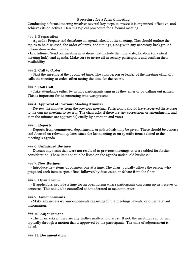 Procedure For A Formal Meeting | PDF | Agenda (Meeting)