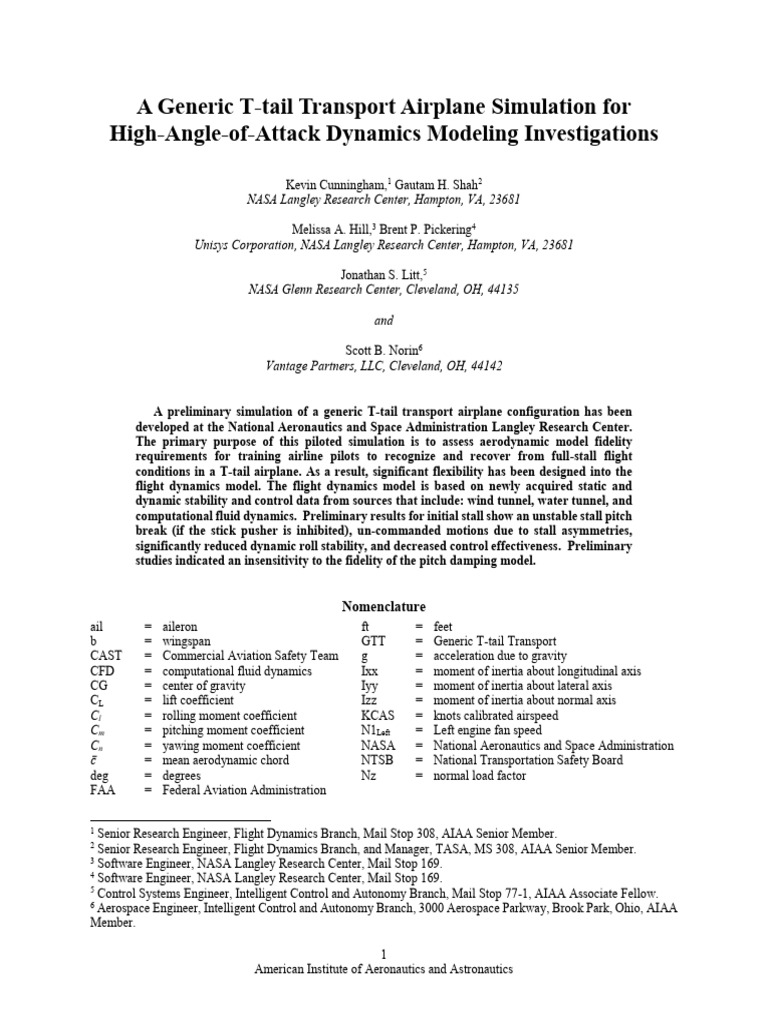 A Generic T-Tail Transport Airplane Simulation For High-Angle-of-Attack Dynamics Modeling ...