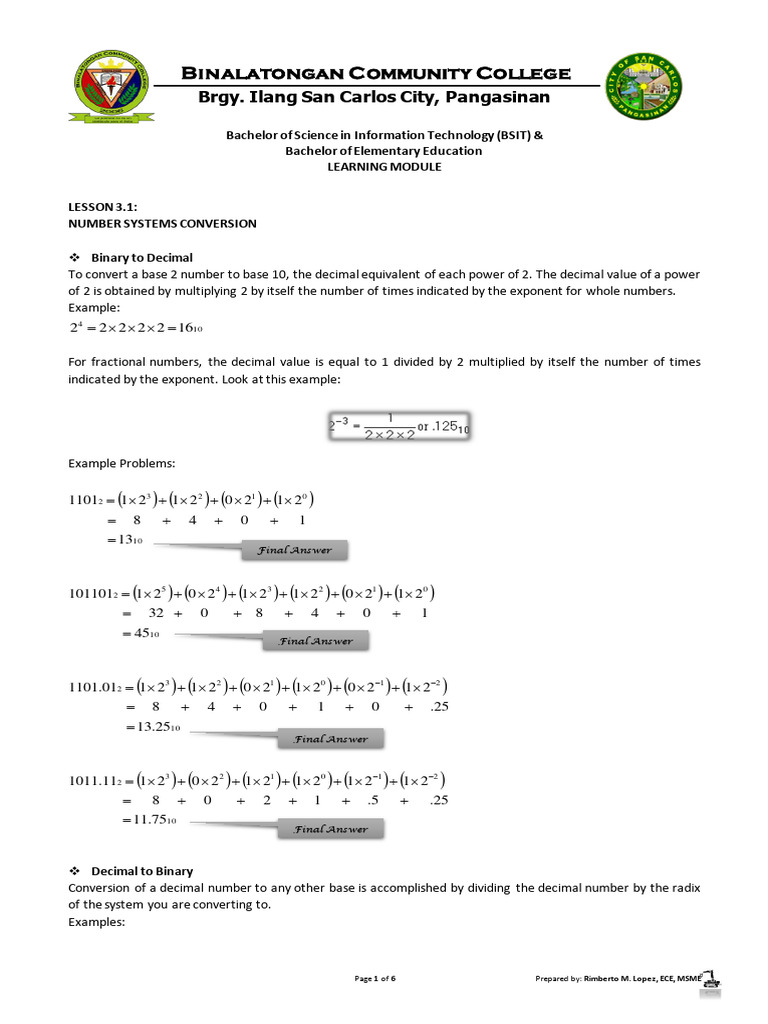 Lesson 31 Number Systems Conversion Pdf Elementary Mathematics Mathematical Notation 
