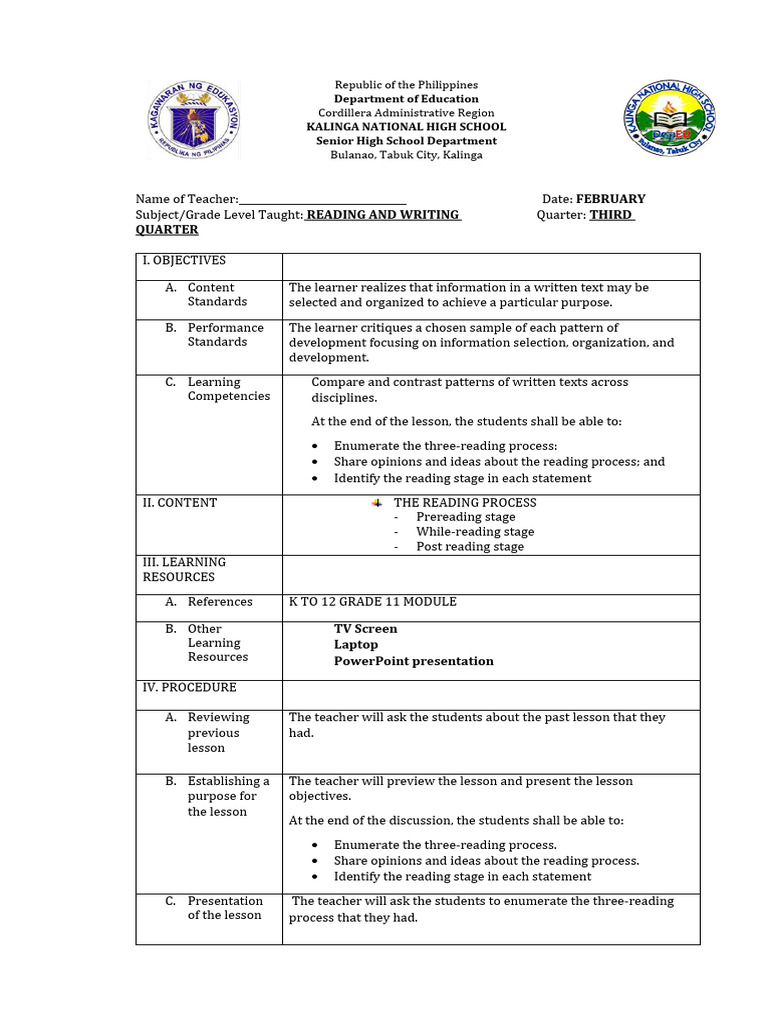Reading Process Lesson Plan for SHS | PDF | Teachers | Learning