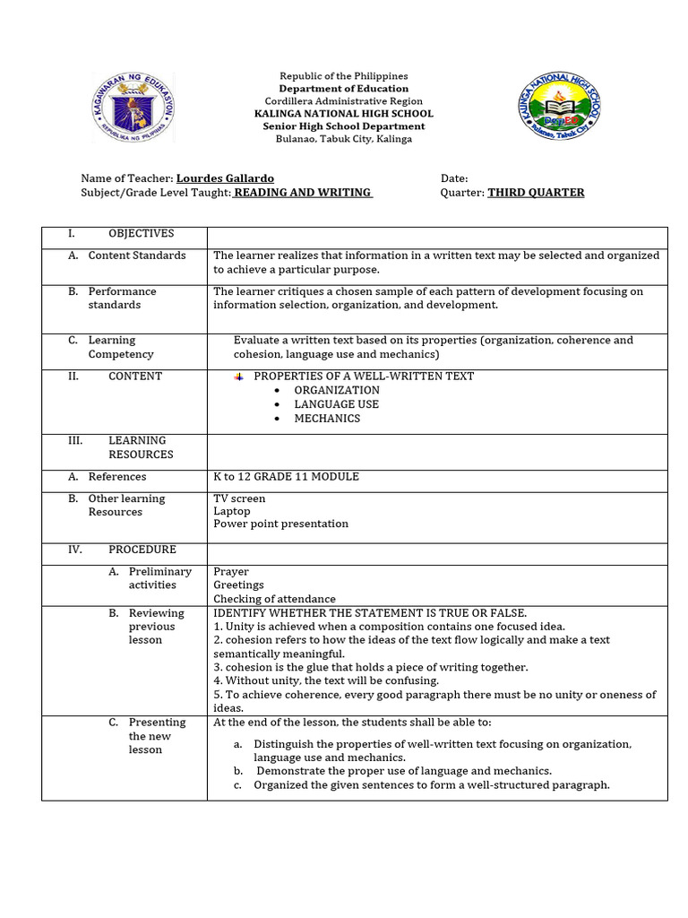 LP For Organization, Language Use and Mechanics | PDF | Learning | Human Communication