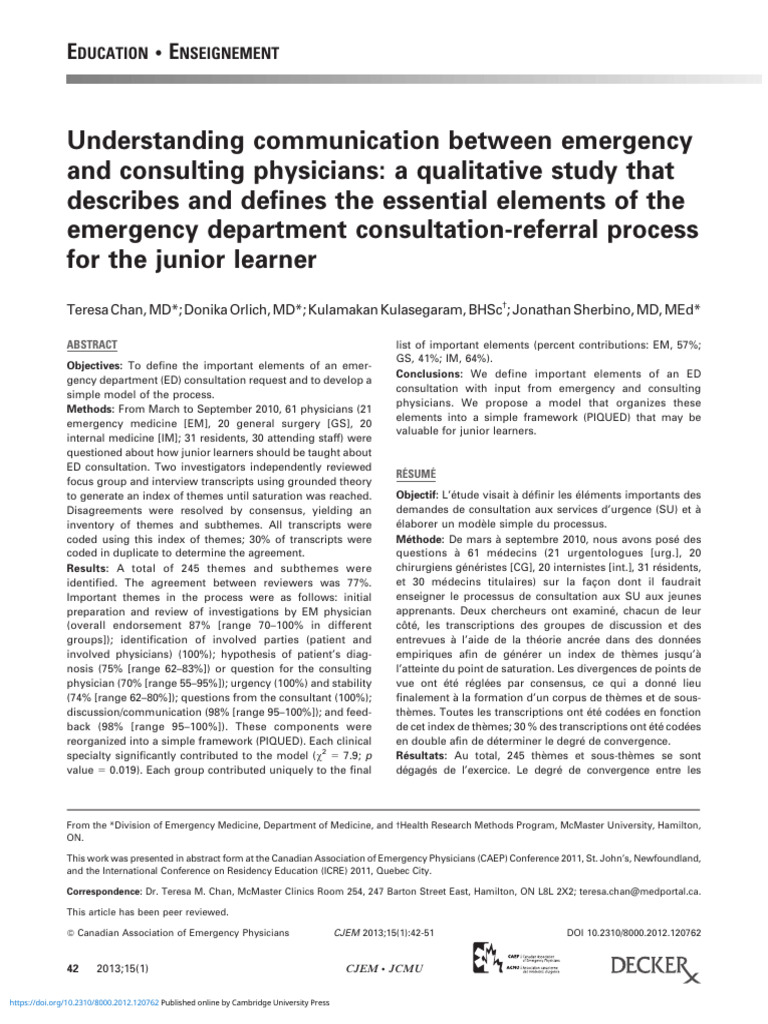 Understanding Communication Between Emergency and Consulting Physicians A Qualitative Study That ...