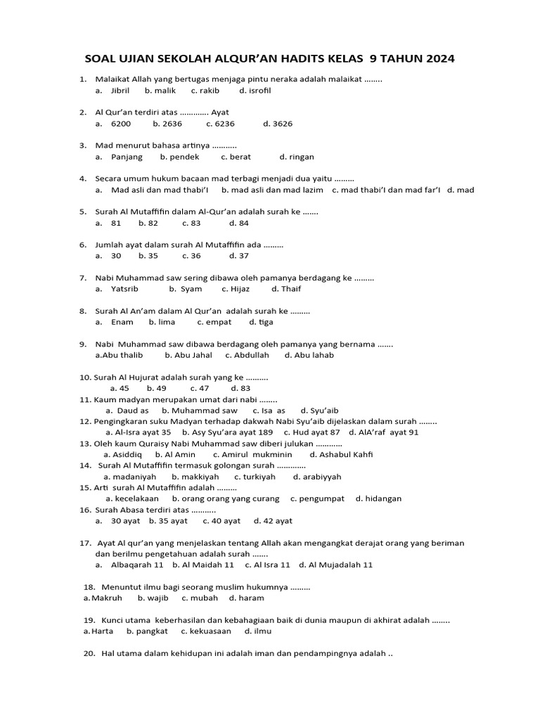 SOAL Ujian Sekolah Alqur'an Hadith Kelas 9 2024 | PDF