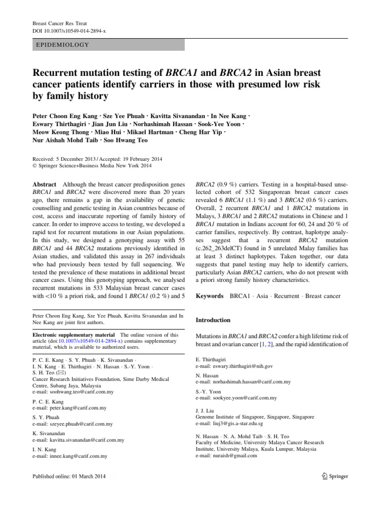 Recurrent Mutation Testing Of Brca1 And Brca2 In Asian Breast Pdf