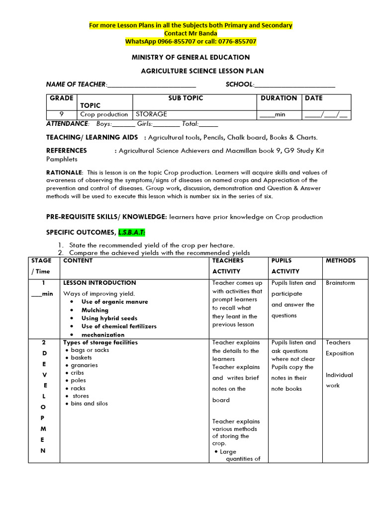 Agri Science g9 Lesson Sample by MR Banda 0966855707 | PDF | Agriculture | Lesson Plan