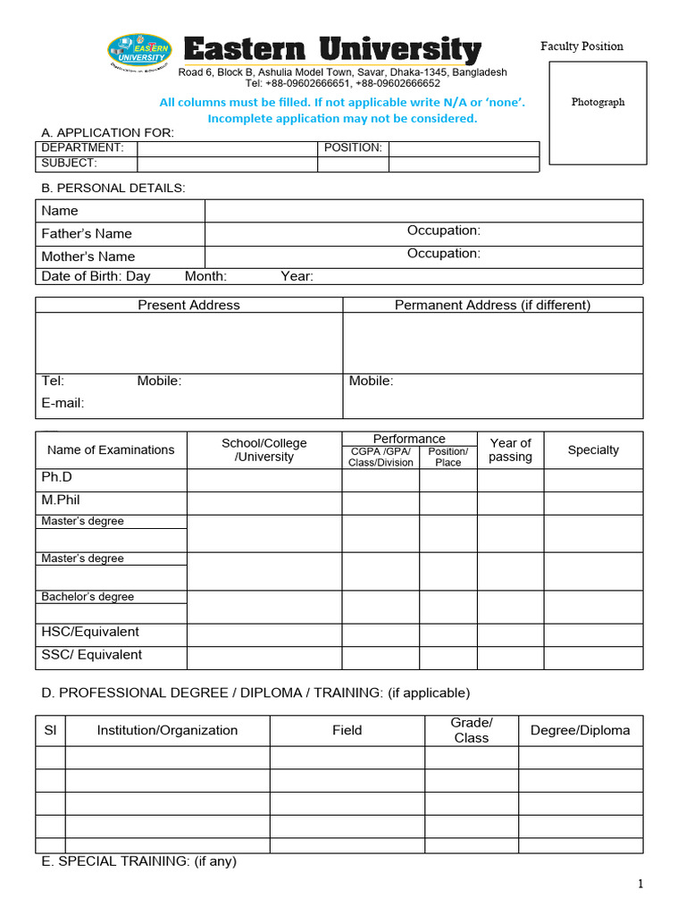 Faculty Position Application Form | PDF | Qualifications | Vocational ...