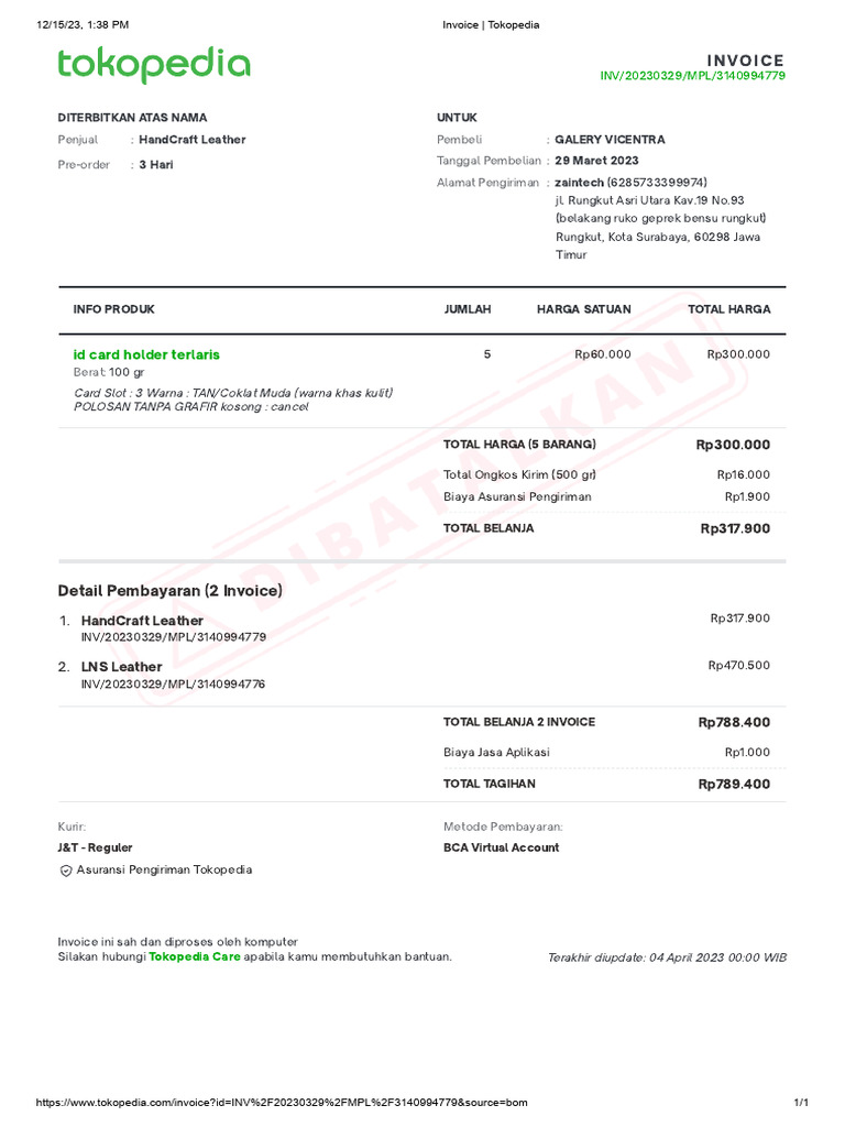 Invoice Tokopedia: HandCraft Leather | PDF