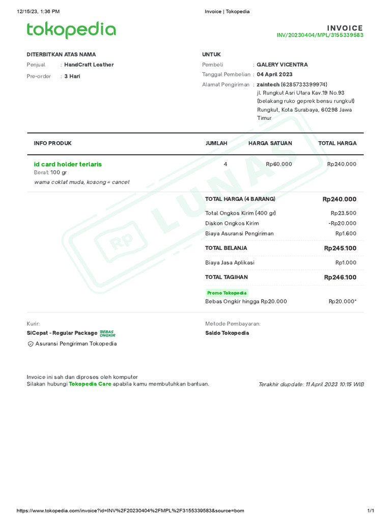 Invoice - Tokopedia | PDF